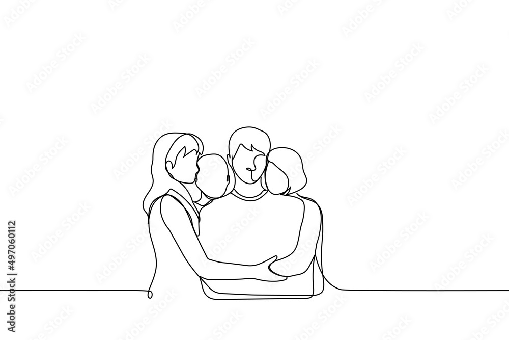 whole family hugging - one line drawing vector. concept of family ties ...