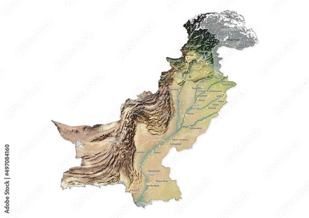 Isolated map of Pakistan with capital, national borders, important ...