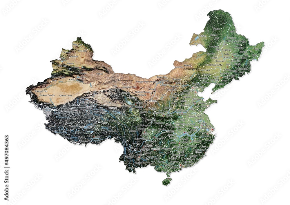 Isolated map of China with capital, national borders, important cities ...