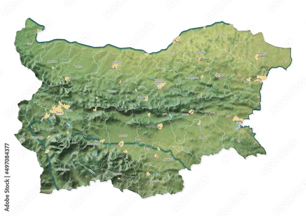 Isolated map of Bulgaria with capital, national borders, important cities, rivers,lakes ...