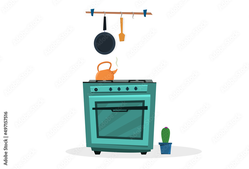 Stove gas or electric in kitchen. Oven with dishes. Vector flat cartoon ...