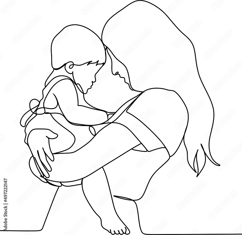 Abstract mother with a child in continuous one line drawing art style ...