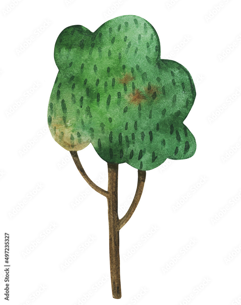 Watercolor cartoon cute hand painted tree clipart isolated on white ...