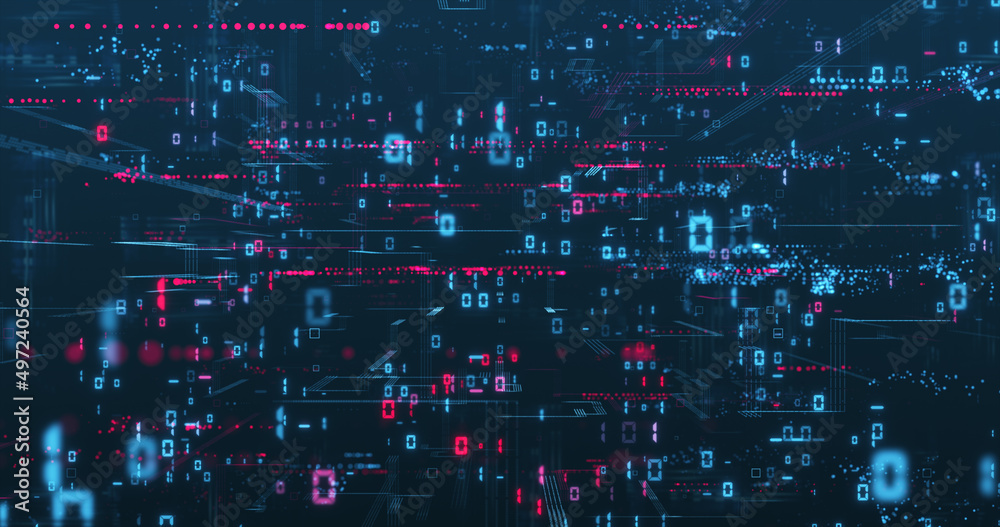Digital Data Network Illustration Depicting Binary Code Calculations And Data Processing Code