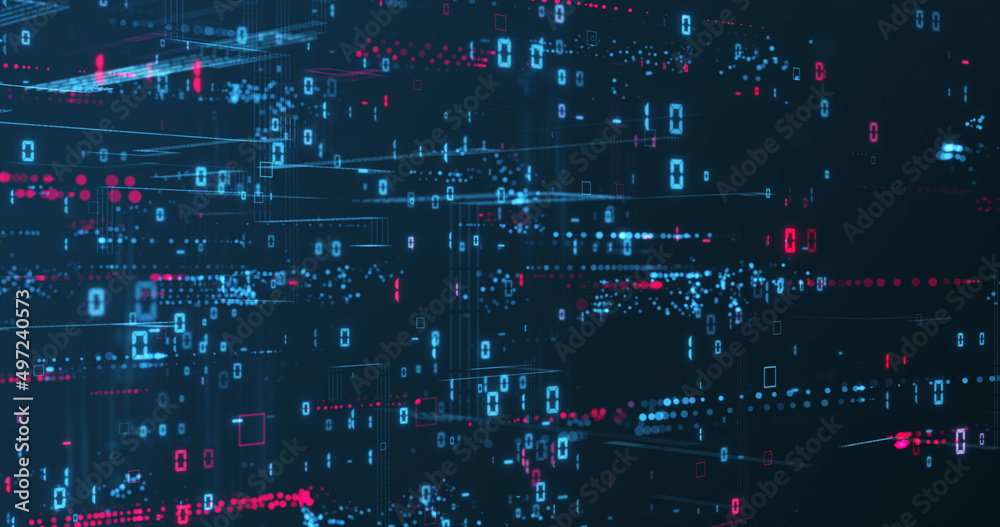 Digital data network illustration depicting binary code calculations and data processing. Code ...