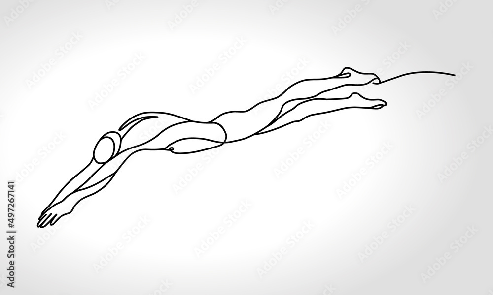 Single continuous one line art drawing of swimming jump. Swimmer man ...