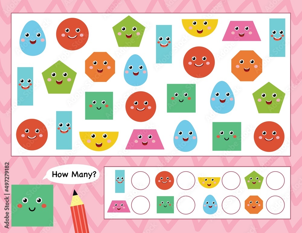 How many shapes activity page for kids. Count the shapes and write. I ...
