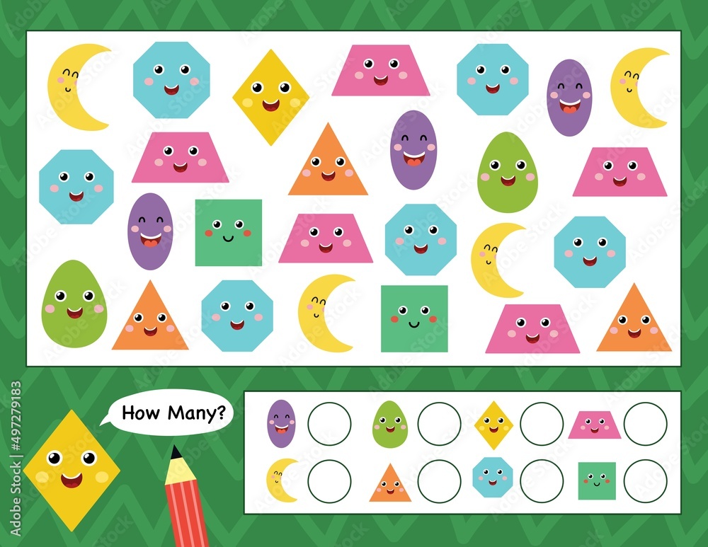 How many shapes activity page for kids. Count the shapes and write. I ...