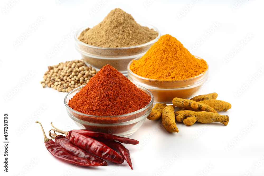 spices,Indian spices, color full spices in glass bowls Chilee,Turmeric ...