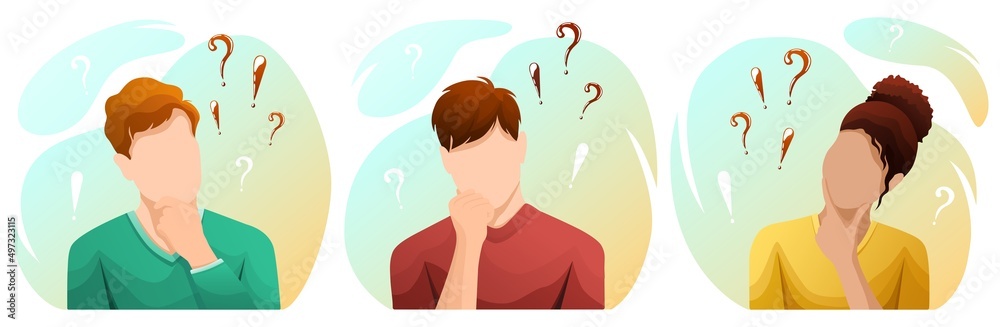 People are thinking. Question and exclamation marks. Thinking concept ...