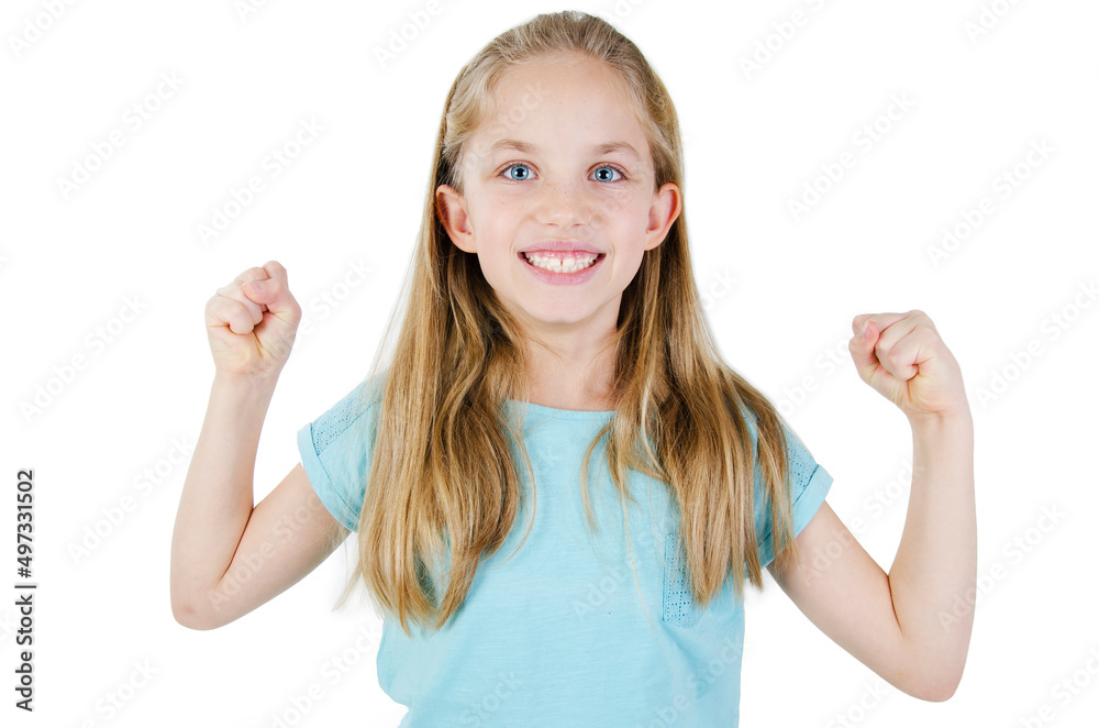 Happy strong little girl showing hands bicep strength make fists feels ...