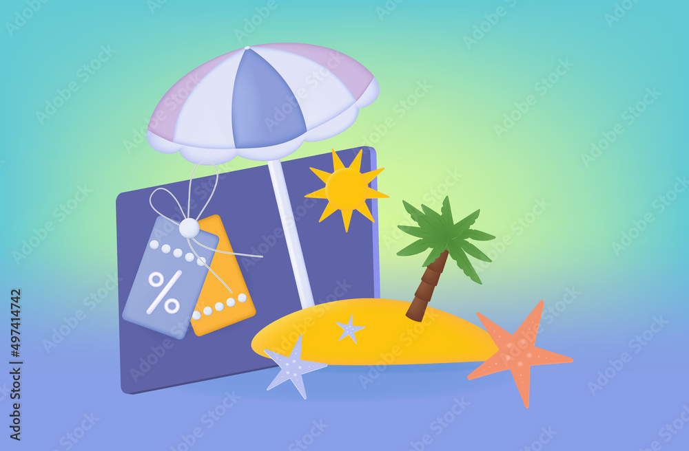 3d summer sale discount on marine background. Vector banner, modern ...