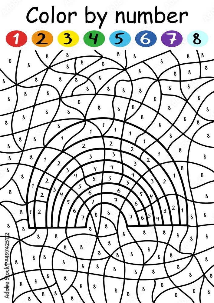 Rainbow color by number game for children vector illustration. Hand ...