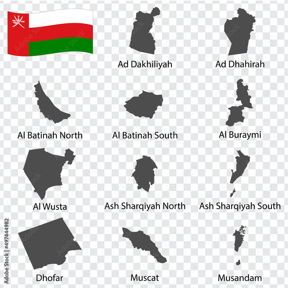 Twelve Maps Governorates of Oman - alphabetical order with name. Every ...