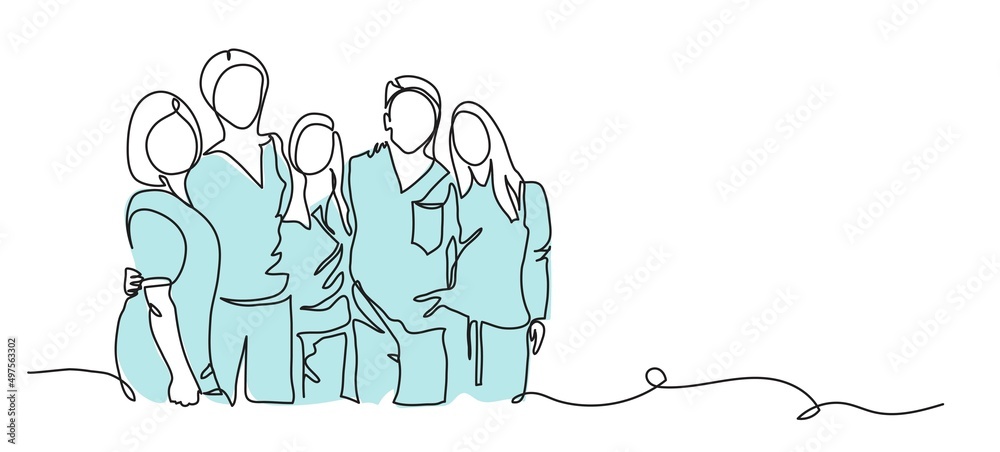Medical staff, practitioners team vector illustration . One continuous ...