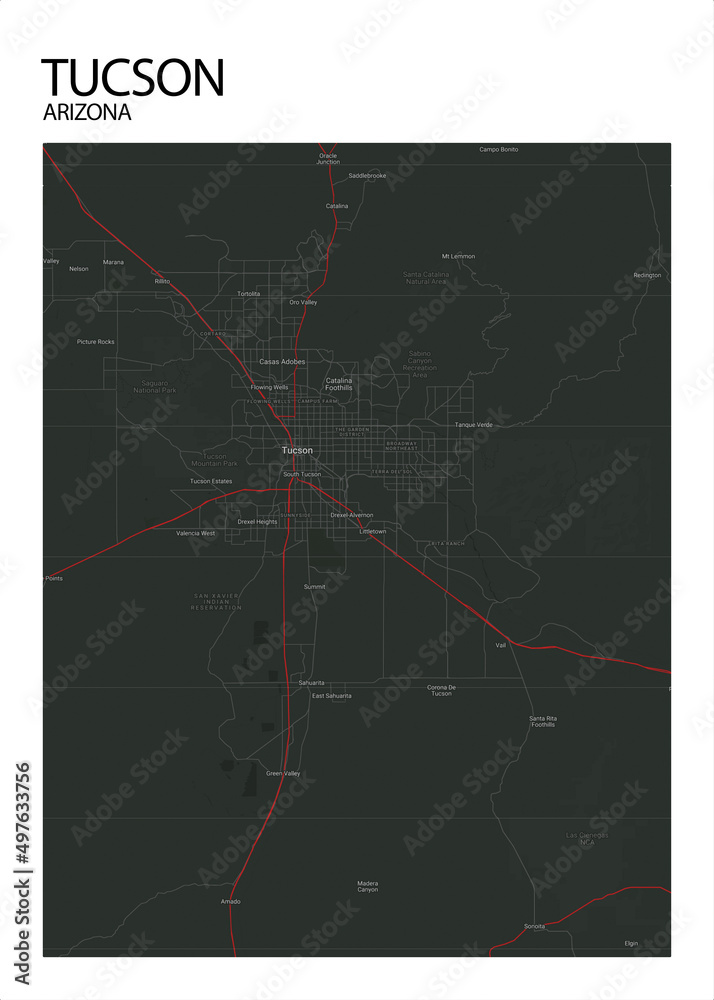 Ilustração Poster Tucson - Arizona map. Road map. Illustration of ...