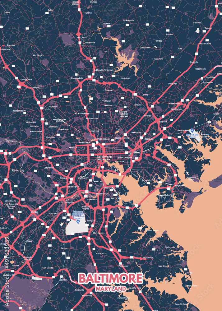 Poster Baltimore - Maryland map. Road map. Illustration of Baltimore ...