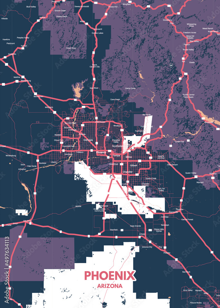 Poster Phoenix - Arizona map. Road map. Illustration of Phoenix - Arizona streets ...