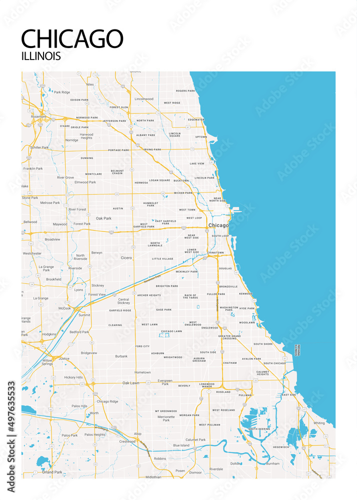 Poster Chicago - Illinois map. Road map. Illustration of Chicago ...
