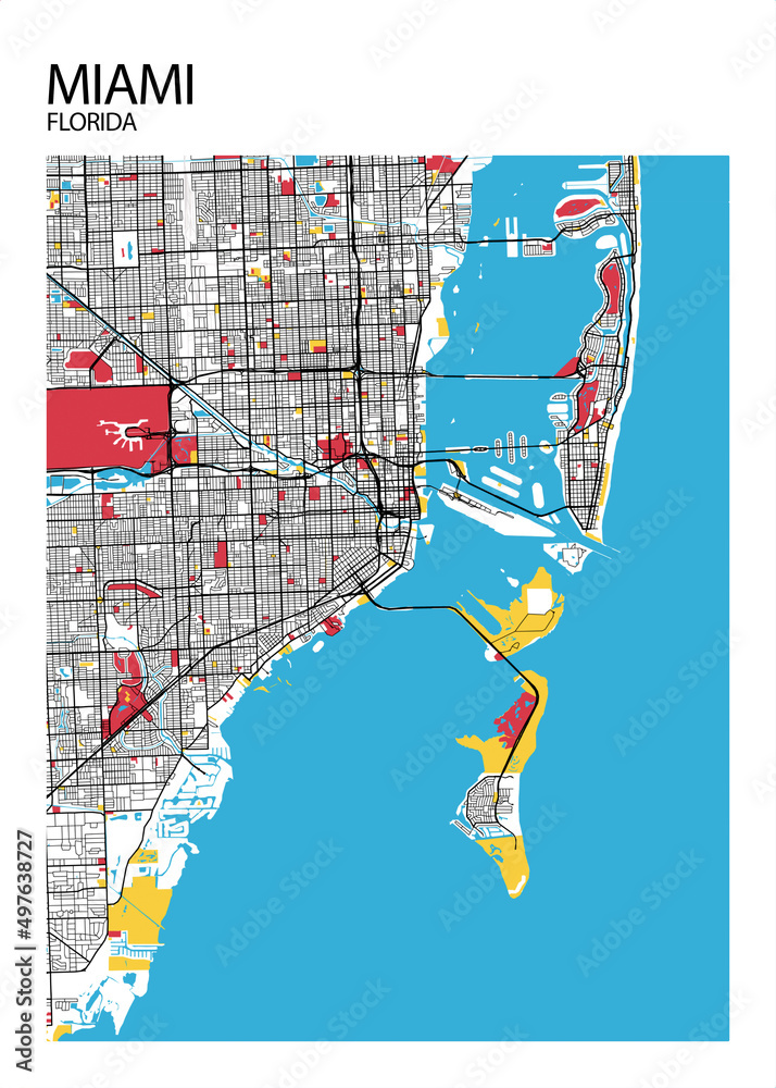 Poster Miami - Florida map. Road map. Illustration of Miami - Florida ...