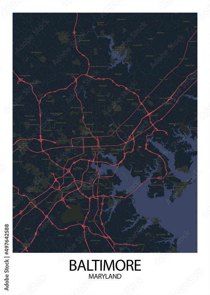 Poster Baltimore - Maryland map. Road map. Illustration of Baltimore ...