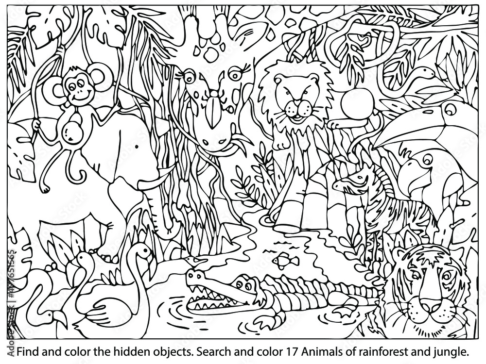 Find and color the hidden objects. Search and color 17 Animals of ...