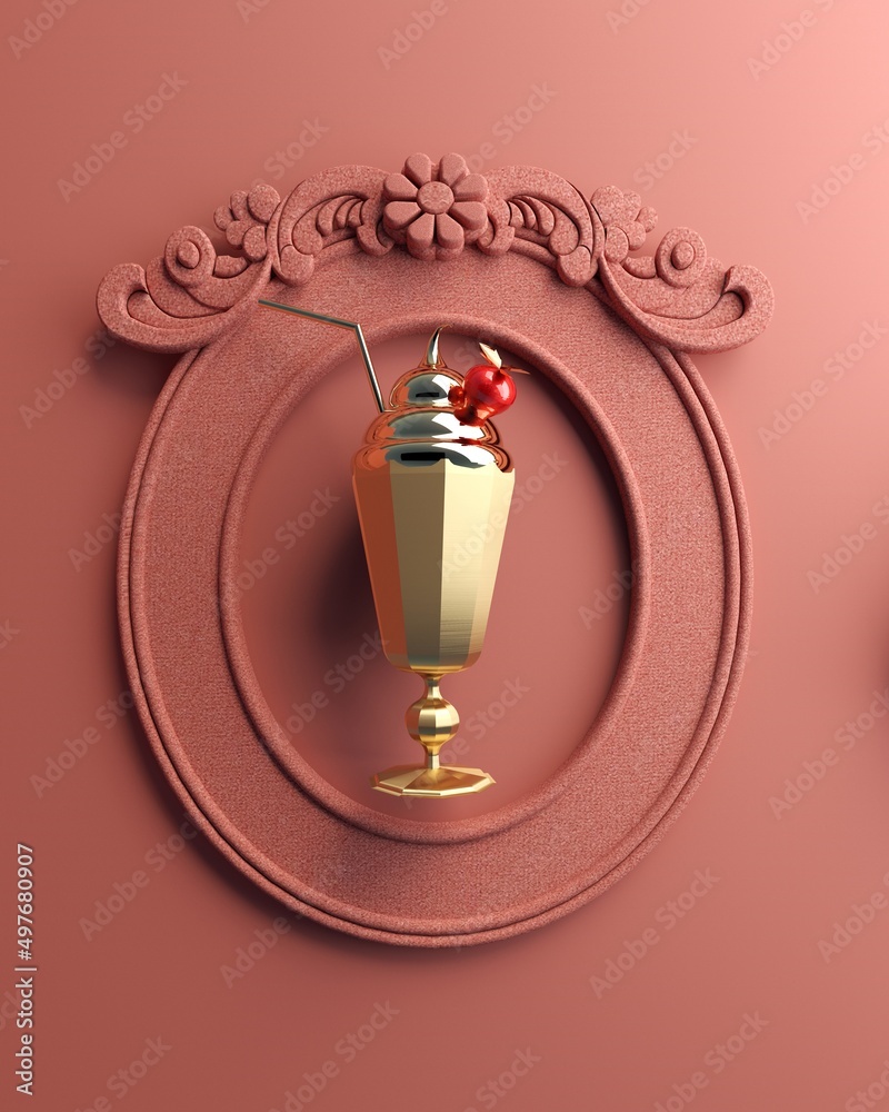 Gold ice-cream with cherry, earth tone oval border frame background, 3D ...