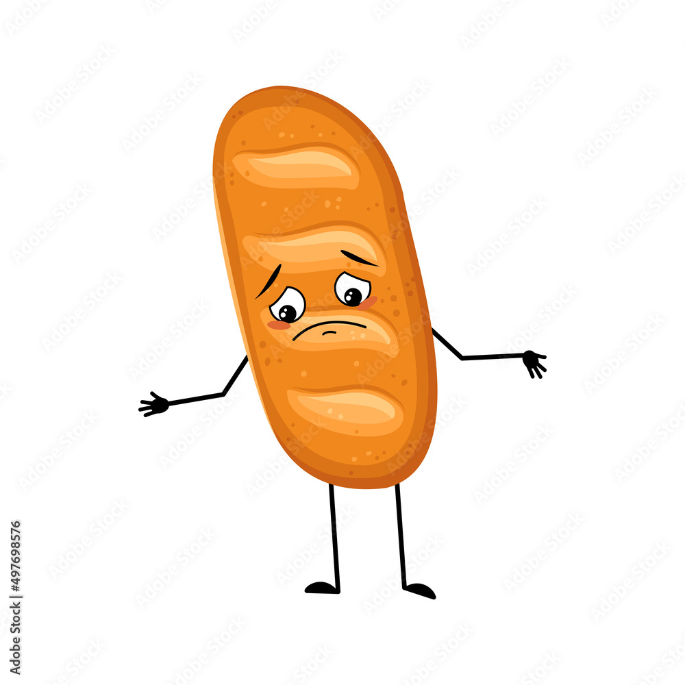 Cute loaf of bread character with sad emotions, depressed face, down ...