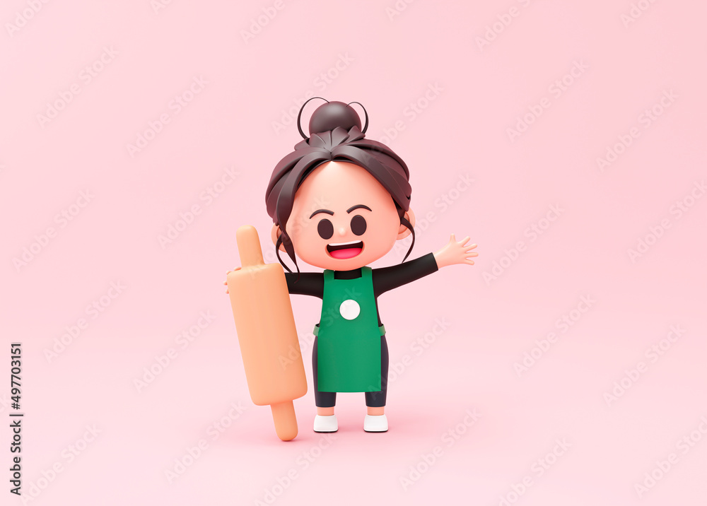 Cute chef baker or barista standing with rolling pin logo restaurant ...