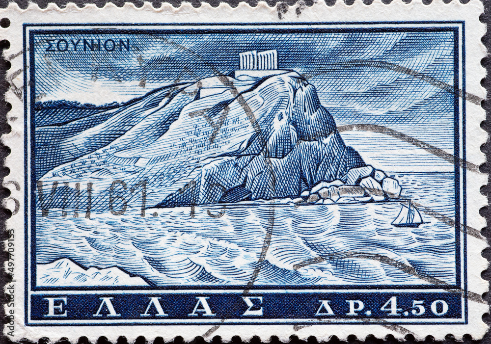 Greece - circa 1961: a postage stamp from Greece , showing a temple by ...