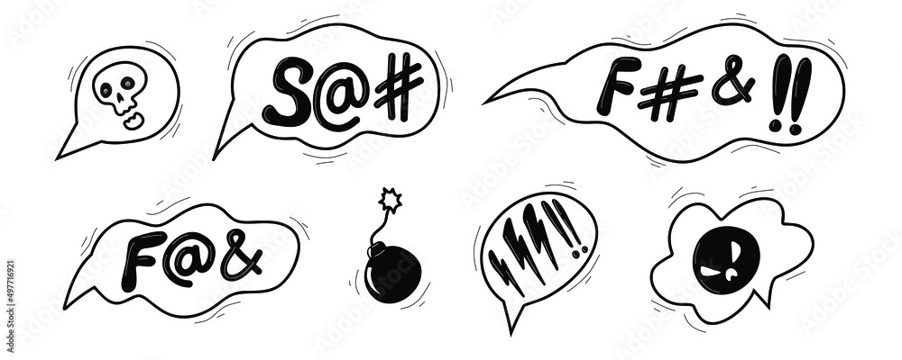Swear curses word. Doodle hand drawn speech bubble swear words symbols ...