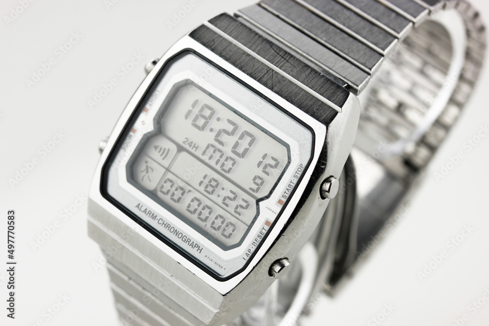 digital watch silver vintage retro wristwatch 70s 80s isolated alarm ...