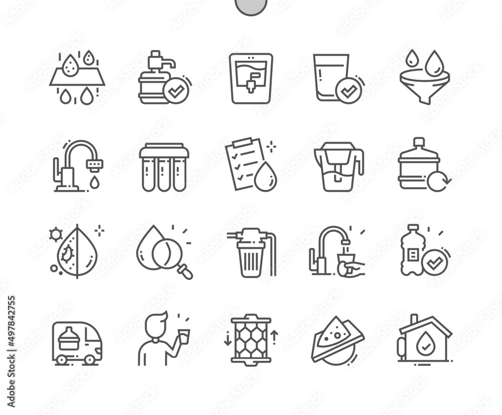 Filter water. Moister. Reuse bottle. Water Tap. Filtration. Pixel ...