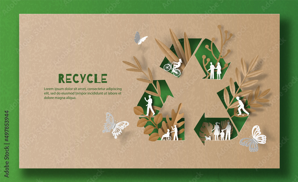 Recycle Symbol, many people doing activities, enjoy their life in a ...