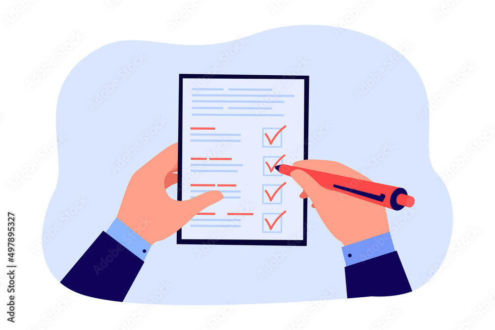 Businessmans hands holding document on clipboard and pen. Man ...