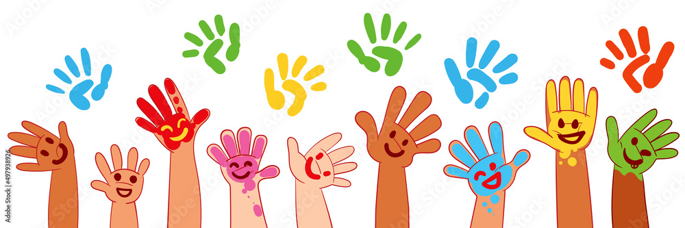 Kids hands in colorful paint with smiles. Colorful cartoon characters ...