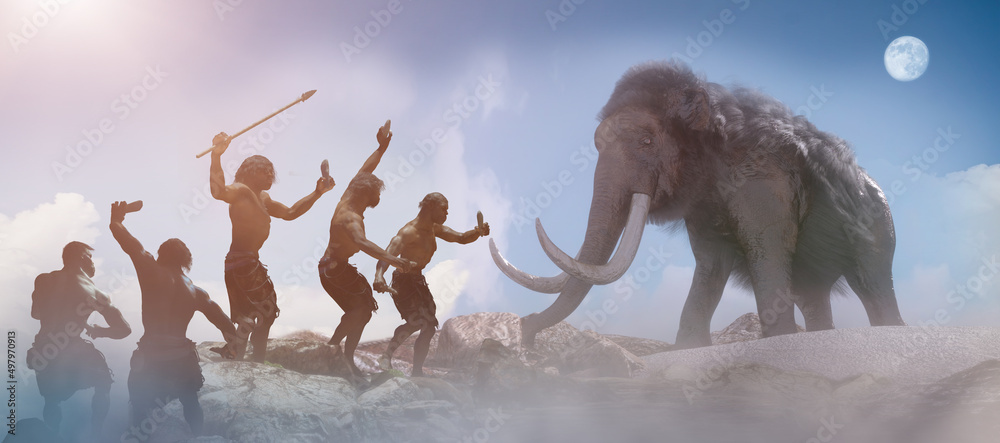 caveman tribe people's and mammoth render 3d Stock Illustration | Adobe ...