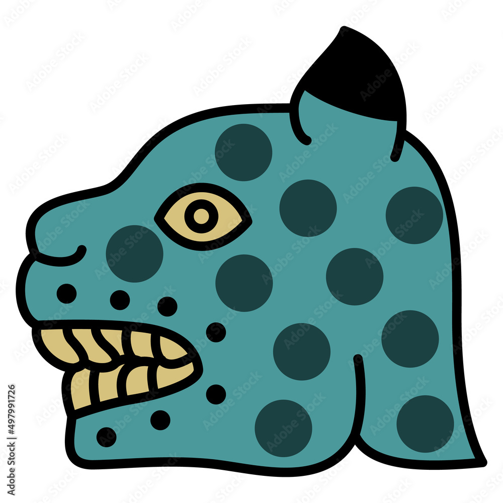 Head of a jaguar or spotted feline cat. Native American art of Aztec ...