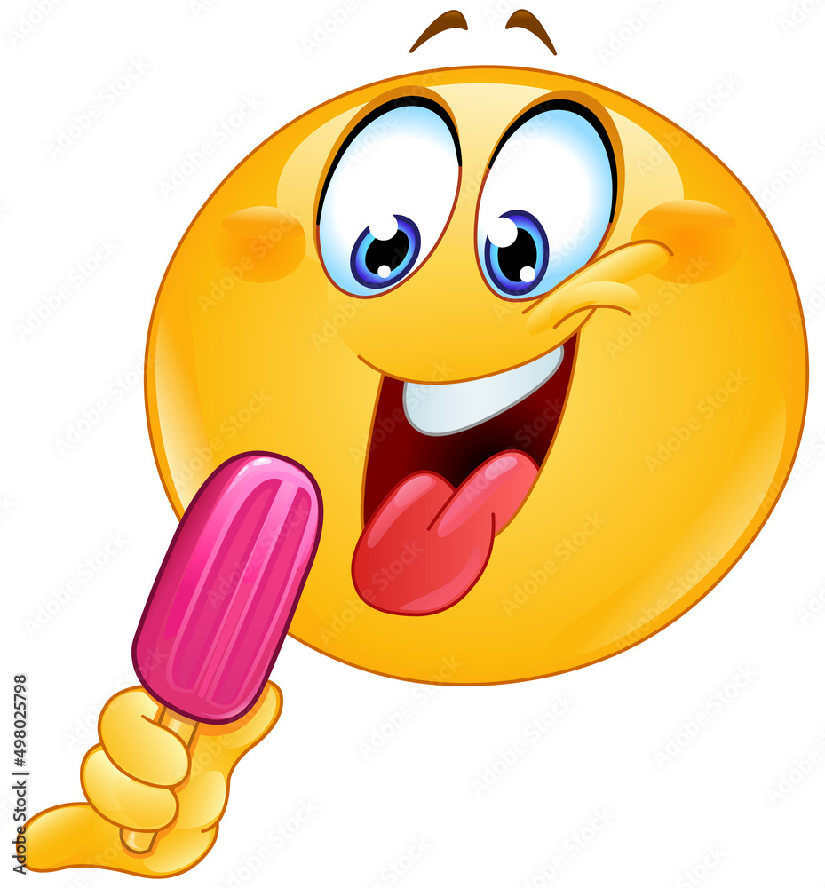 Happy emoji emoticon with tongue out getting ready to eat a Popsicle or ...