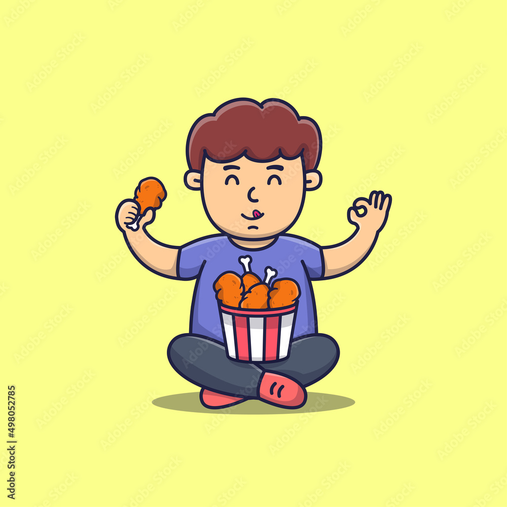 Happy Cute Boy Sit and eat Fried Chicken, Boy eating junk food, flat ...
