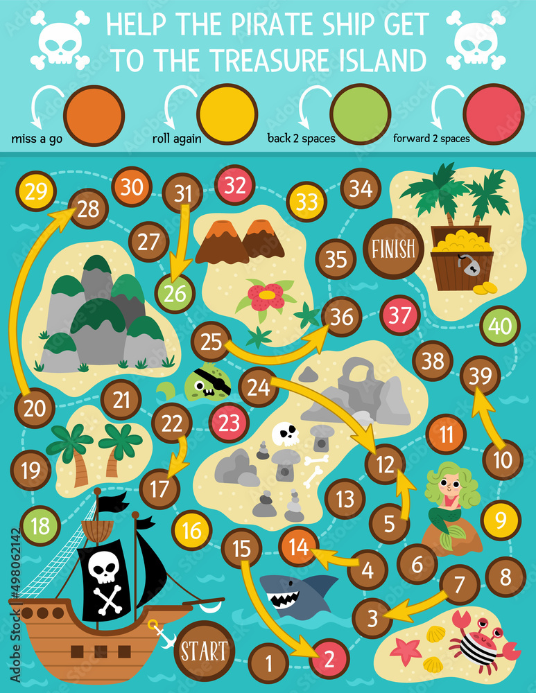 Pirate dice board game for children with treasure island map. Treasure ...