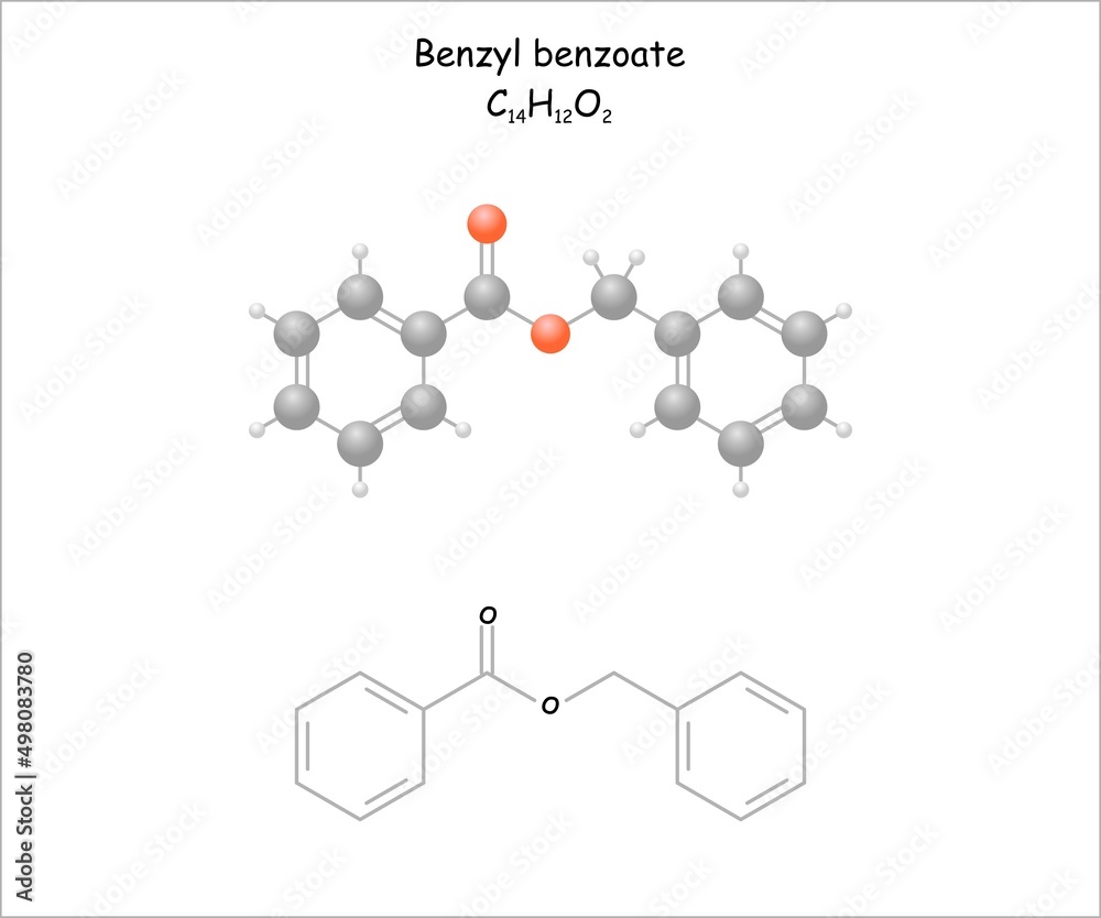 Stylized molecule model/structural formula of benzyl benzoate. Use as ...