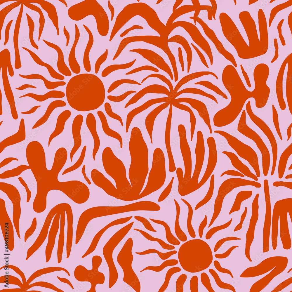 Seamless abstract pattern with sun, palm tree, leaves. Summer sunset ...