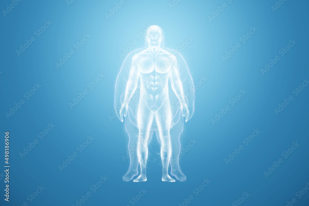White horogram of a fat man on a blue background isolate. The concept ...