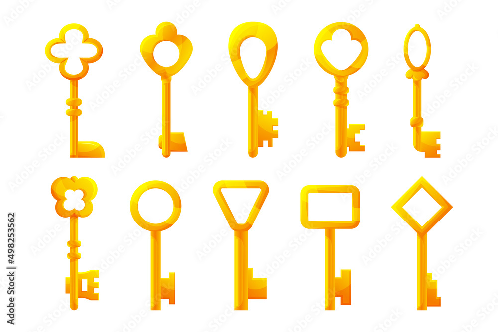 Cartoon keys. Metal golden and steel vintage keys collection. Vector ...