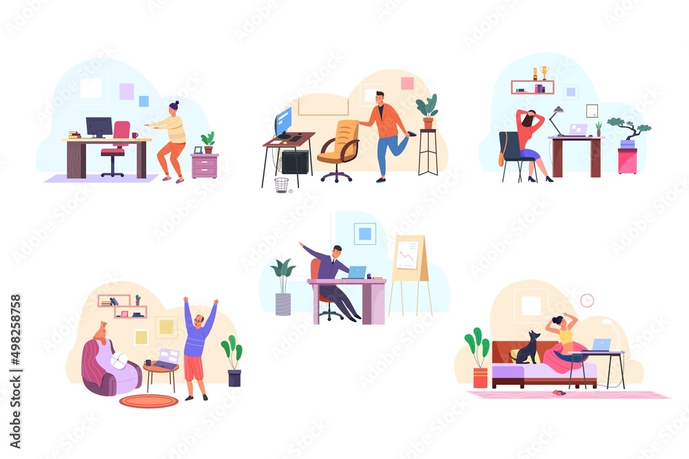 Workout break. Workers stretch warm up at computer desk, office ...