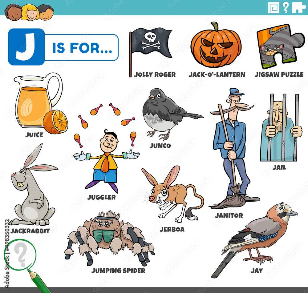 letter j words educational set with cartoon characters Stock Vector ...