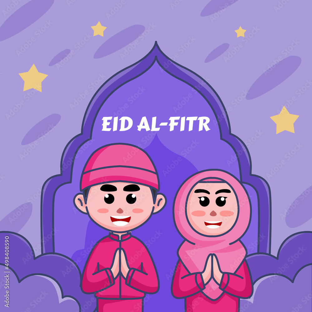 Cute cartoon illustration of Muslim boys and girls, happy to welcome ...