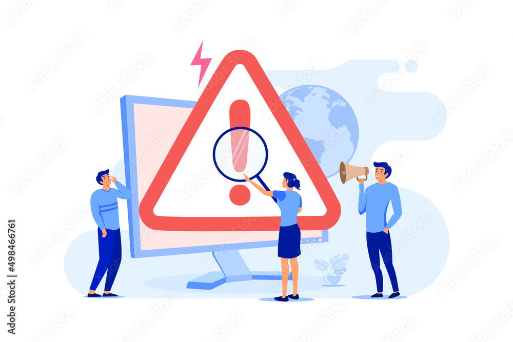 Tiny people examining operating system error warning on web page isolated flat vector ...