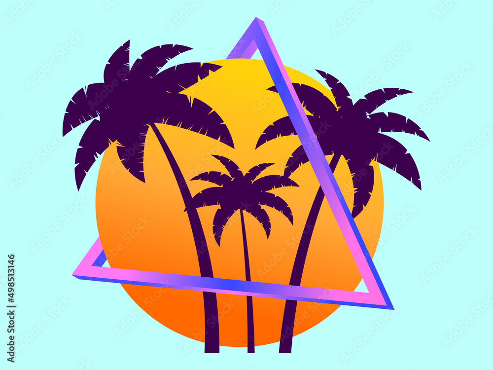 80s palm trees at sunset. Summer time. Retro futuristic sun. Synthwave ...